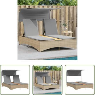 vidaXL Sonnenschutz - Doppel-Sonnenliege mit Dach und Auflagen Beige Poly Rattan