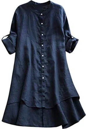 ORANDESIGNE Femmes Blouses Coton Lin Col en V Chemise Chic Simple Haut Manche Longue Tops Tunique Chemise Robes F Bleu XXL