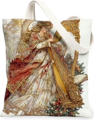 Generic Sacs fourre-tout en toile motif ange de No&euml;l, sacs d&eacute;picerie r&eacute;utilisables, &eacute;l&eacute;gants, l&eacute;gers et lavables avec bandouli&egrave;re Ca, blanc, 13x15 Inch