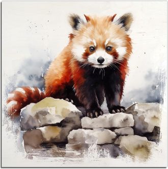 Wallario Wandbild aus Holz Neugieriger Rotpanda - 40 x 40 cm in Premium-Qualität: Brillante Farben