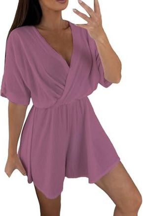 Generic Combinaison d&eacute;t&eacute; &agrave; manches courtes pour femme - Combinaison de sortie pour femme - Col en V - Combinaisons habill&eacute;es avec manches courtes - Salopette 