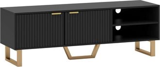 HOMCOM Homcom - Meuble tv design contemporain 2 portes effet cannelé 2 niches piètement poignées métal doré mdf noir