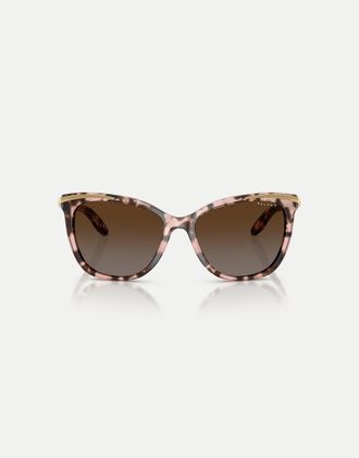 Ralph Lauren Cat-Eye-Sonnenbrille, polarisiert, mit braunen Gl&auml;sern in gl&auml;nzendem rosa Schildpatt und Gold