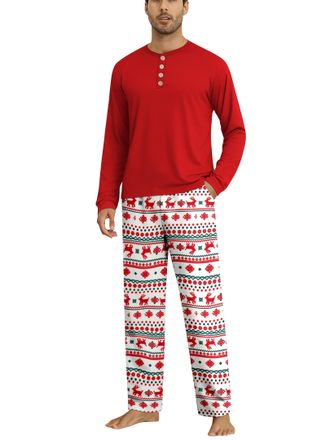 Ekouaer Schlafanzug Herren Lang Henley-Kragen Pyjama Set Winter Warm mit Kordelzug und Taschen Hausanzug, Weihnachts Farbe, XXL