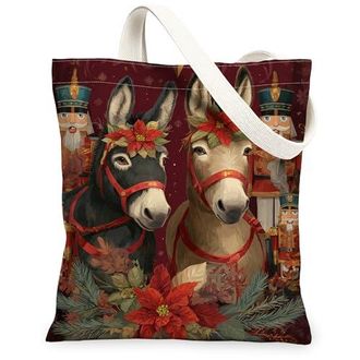 Generic Sacs fourre-tout en toile motif &acirc;ne de No&euml;l, sacs r&eacute;utilisables &agrave; motif animal festif, sacs dhiver vintage floraux, l&eacute;gers et lavables, Rouge, 13x15 I