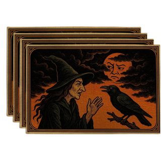 Generic Halloween-Hexe und Raben-Platzsets, Orange, gruselige Tischsets f&uuml;r Herbstfeste, rutschfest, waschbar, f&uuml;r drinnen und drau&szlig;en, dekorative Platzsets, 