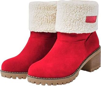 Generic Bottines dhiver pour femme avec doublure en fourrure &agrave; talon &eacute;pais, confortables &agrave; enfiler &agrave; talon moyen et &eacute;pais en daim, Rouge, 7.5