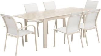 Sweeek Table de jardin extensible aluminium + 6 assises beige. 4 chaises. 2 fauteuils. 6 places. textil&egrave;ne