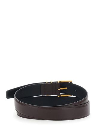 Saint Laurent Mens Belt With Cassandre Plate, Brown Leather
