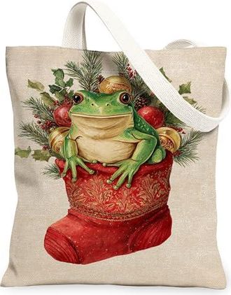 Generic Sacs fourre-tout en toile motif amphibien, sacs r&eacute;utilisables, vintage, l&eacute;gers, lavables avec bandouli&egrave;re, Beige, 13x15 Inch