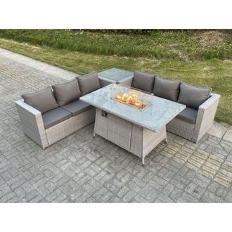 Fimous Gas Feuertisch f&uuml;r den Au&szlig;enbereich Rattan Gartenm&ouml;bel Set mit Sofa Beistelltisch Gas Feuerstelle Helles Grau - Fimous