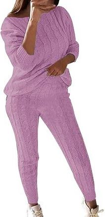 Generic Surv&ecirc;tements 2 pi&egrave;ces en tricot pour femme - Ensemble solide &agrave; col rond pour femme - V&ecirc;tements de d&eacute;tente chauds pour femmes - Ensemble de v&ecirc;tements d