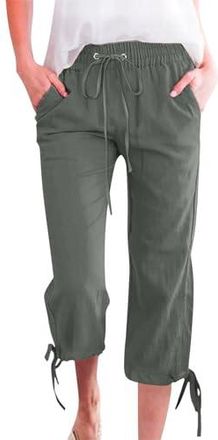 Generic Pantalon 3/4 d&eacute;t&eacute; pour femme - Pantalon en lin pour femme - Pantalon d&eacute;t&eacute; l&eacute;ger avec cordon de serrage - Poches - Taille haute - Pantalon de loisirs -