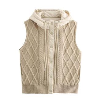 Generic Gilet matelass&eacute; &agrave; capuche en tricot pour femme, veste l&eacute;g&egrave;re rembourr&eacute;e sans manches pour femme, gilet chaud dhiver &agrave; capuche en tricot, kaki, Taille 