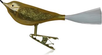 Lauschaer Glas Christbaumschmuck Vogel mit Glasschwanz Gold matt Christbaumschmuck Weihnachtsbaumschmuck mundgeblasen, handdekoriert