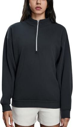 Generic Pull en molleton de coton doubl&eacute; avec demi-fermeture &eacute;clair, pull en polaire douce pour femme, gris fonc&eacute;, 38