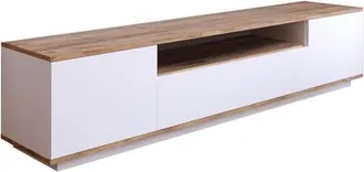 Vente-Unique Meuble TV LOTULA avec 3 Portes et 1 Niche Ouverte - Structure en Panneaux de Particules Blanc et Bois Naturel, Design Moderne avec Grand Espace de Ran