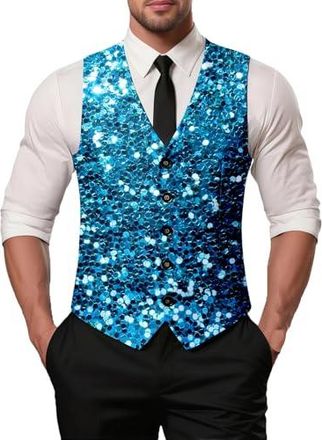 Generico Gilet pour homme Carnaval Costume color&eacute; avec imprim&eacute; masque Col en V Costume de carnaval Costume &agrave; th&egrave;me de Venise | pour sc&egrave;ne et d&eacute;fil&eacute;, bleu ciel,