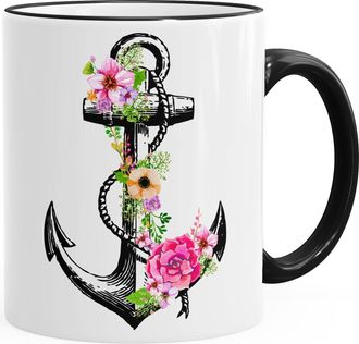 Autiga Tasse Blumen Anker Flower Anchor Watercolor Kaffeetasse Teetasse Keramiktasse schwarz Unisize