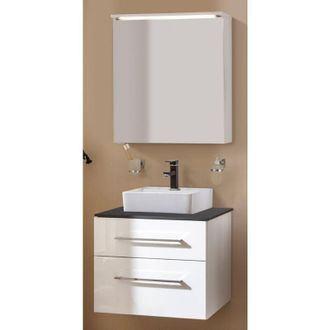 Fackelmann Oxford Badm&ouml;bel Set 4 Teile / Waschbecken / Waschtischunterschrank mit 2 Schubladen / Waschtischplatte / LED-Spiegelschrank / Korpus & Front: Wei&szlig;