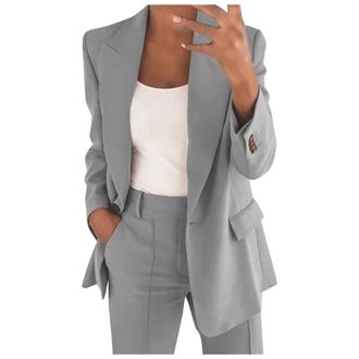 Generic Damen Blazer Sportlich Longblazer Damen Basic Knöpfen Vintage Anzugjacke Einfarbig Geschäft Büro Anzugjacke Oversize Dünn Blazerjacke Leicht Mantel An