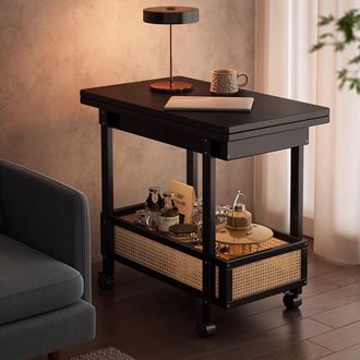 Generic Schmaler Beistelltisch, Couchtisch Mit Gewebter Kunststoffumrandung Aus Rattan, Verstellbare Schreibtischgr&ouml;&szlig;E for Aufbewahrung, B&uuml;Ro, Nachmittagstee