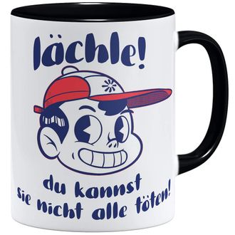 OM3 L&auml;chle du kannst sie nicht alle t&ouml;ten Kaffee-Tasse mit Spruch - Keramik Becher - 11oz 325ml - Beidseitig Bedruckt - Schwarz