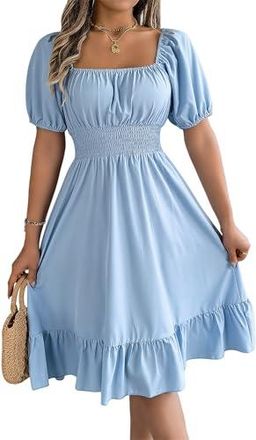 Generic Robe d&eacute;t&eacute; d&eacute;contract&eacute;e &agrave; manches bouffantes avec col carr&eacute;, manches courtes, taille ajust&eacute;e, ourlet &agrave; volants, robe d&eacute;t&eacute; midi trap&egrave;ze, bleu, XL