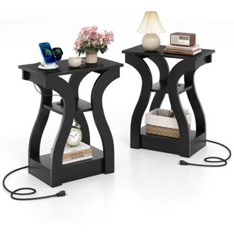 Costway Lot de 2 Tables de Chevet avec Prise, Tables de Nuit Design Unique, 3 &Eacute;tag&egrave;res Ouvertes, Chevet de Lit pour Salon, Chambre, Noir