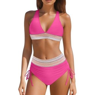 Generic Maillot De Bain Femme 2 Pieces Bikini Femme 2 Pieces Bikini Taille Haute Bicolore + Bas &Agrave; Liens - Design Graphique Tendance