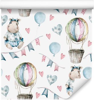 OEM Carta Da Parati Con Ippopotami E Palloncini Per Soggiorno E Camera Da Letto, 50x1000 Cm