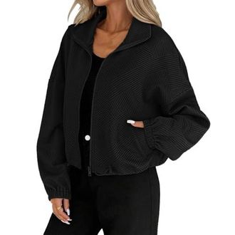 Generic Veste ample 2025 avec fermeture &eacute;clair et ourlet &agrave; cordon de serrage pour femme, Noir, L
