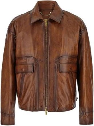 Generic Veste en cuir vintage marron caramel pour homme - Style bomber en peau de mouton de qualit&eacute; sup&eacute;rieure avec poches &agrave; rabat et taille r&eacute;glable, Marron 