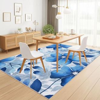 Generic Bleu Lavable en Machine Tapis Salon Romantique Moderne Floral, 160 x 230 cm Doux Tapis de Sol Pelucheux Dessous Antid&eacute;rapant, Entree Interieur Chambre