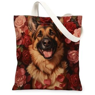Generic Sac fourre-tout r&eacute;utilisable en toile pour la Saint-Valentin, motif berger allemand, 33 x 38,1 cm, sac d&eacute;picerie r&eacute;utilisable pour femme, peinture est