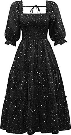 Ocean Plus Femme Robe Plissée Col Rond et Manches Bouffantes avec Volants et Manches Moyenne (XL (EU 40),Ciel étoilé Noir)