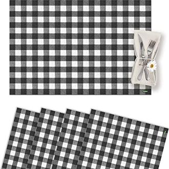 Vilber 4er-Set Tischsets aus Vinyl, waschbar, wasserdicht, schmutzabweisend, rutschfest, rutschfest und hitzebeständig, Schwarz Vichy