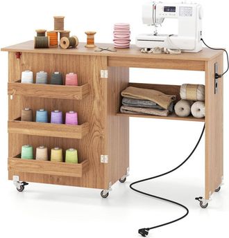 Costway Bureau Pliante avec Station de Charge, Table de Couture Pliable avec &Eacute;tag&egrave;re et Tiroirs, Armoire &agrave; Roulettes Verrouillables, 116 x 41 x 78 cm, Naturel