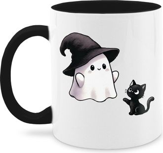 Shirtracer Tasse Tassen 325ml - Süßes Geister Motiv mit Katze | Halloween Katzenmotiv - 325 ml - Schwarz - halloween-tasse haloween outfits geist mug grusel hell