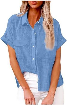 Generic Chemise en lin pour femme boutonn&eacute;e d&eacute;contract&eacute;e col en V manches courtes chemises amples surdimensionn&eacute;es en coton m&eacute;lang&eacute; haut tendance chemisier, b