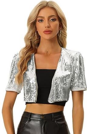 Allegra K Cardigan &agrave; Paillettes Manches Bouffantes Veste Ouverte sur Le Devant bol&eacute;ro Court &agrave; Paillettes Scintillantes pour Femme Argent M