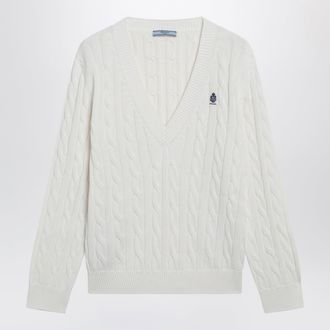 Prada Wei&szlig;er Pullover mit V-Ausschnitt und Zopfmuster