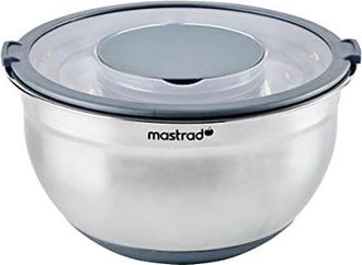 Mastrad F29464 Bol INOX &oslash; 24 cm + Couvercle Transparent-R&eacute;cipient Gradu&eacute;-Base Antid&eacute;rapante en Silicone-Id&eacute;al pour la Pr&eacute;paration, Le Service et la Conservati