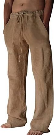 Generic Pantalon de plage pour homme long : pantalon en lin avec cordon de serrage pantalon d&eacute;t&eacute; coupe ajust&eacute;e pantalon respirant &agrave; enfiler jambe droite panta