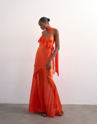 Topshop Robe nuisette longue &agrave; volants en tissus vari&eacute;s - Rouille-Orange