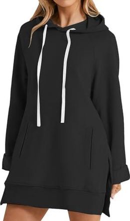 Generic Cihdmfb Robe sweat &agrave; capuche surdimensionn&eacute;e pour femme - &Eacute;l&eacute;gante - Couleur unie - Manches longues - Pull &agrave; capuche - Ourlet fendu lat&eacute;ral - Robe dau
