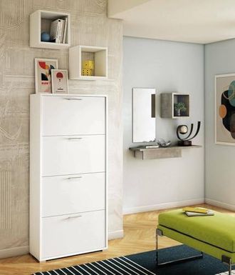 Dmora Schuhregal Rosa, Mehrzweck-Eingangsmöbel mit 4 Falttüren, Schuhschrank mit doppelter Tiefe, 100 % Made in Italy, 67 x 28 x 147 cm, Weiß