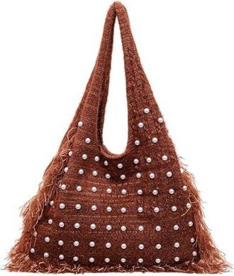 Generic Sac de plage en tricot boh&egrave;me avec perles dimitation pour femme - Sac &agrave; main au crochet sous les bras pour le voyage et le travail, marron clair, 350*