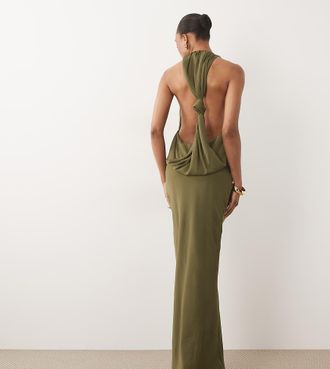 Asos Tall ASOS DESIGN Tall - Robe longue drap&eacute;e &agrave; encolure am&eacute;ricaine avec d&eacute;tail nou&eacute; au dos - Kaki-Vert
