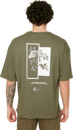 Trendyol Herren Herrenübergroße Rundkragen Gedruckt Kurzarm-t-shirt T-Shirt, Khaki, M EU